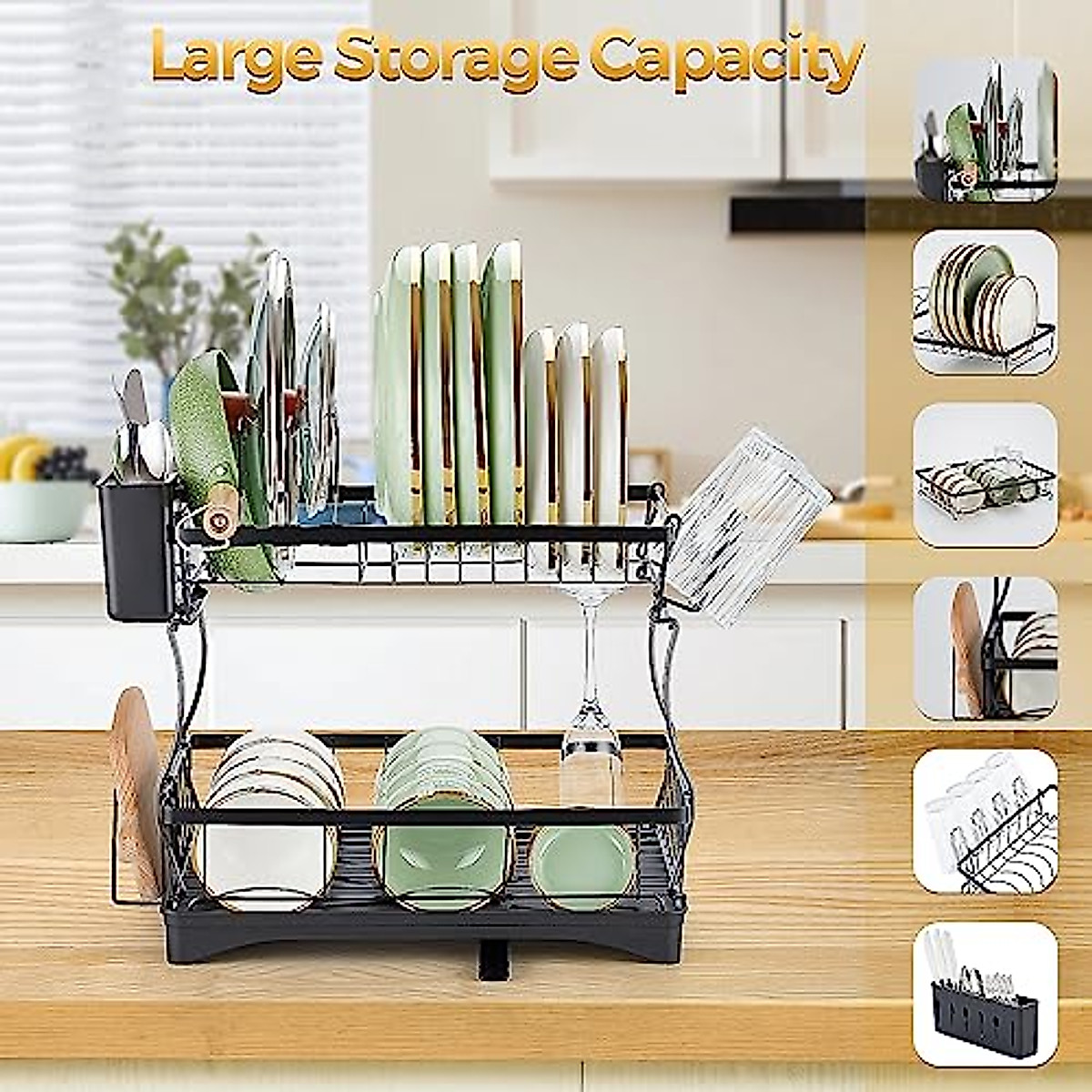 Dish Drying Rack, 2 Tier Dish Racks for Kitchen Counter, Dish Drainer Dish Rack with Pots & Pans Holder, Large Dish Drying Rack with Drainboard Utensil Holder Cup Holder Cutting Board Holder - Black