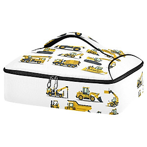 Yellow Construction Excavators, Tractors, Bulldozers, Trucks Reusable Insulated Pizza Bag, Waterproof Food Delivery Bag, with Handle Lid Leakproof Pizza Holder Tote for Hot or Cold Food