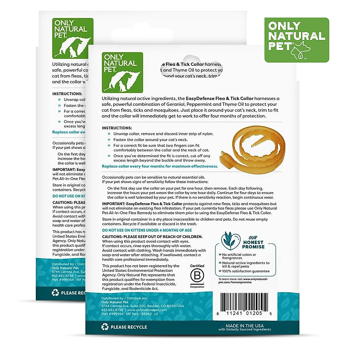 Only Natural Pet EasyDefense Flea & Tick Cat Collar - Feline Flea Collars Flea and Tick Control - Pet Flea Care That Protects up to 4 Months - for Cats (2 Pack)