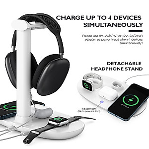 Headphone Stand with 15w Wireless Charger, Suguder 4 in 1 Charging Station Headset Holder for AirPods Max/Pro/4/3/2 iWatch 10/9/8/7/6/5/4/3/2/1/SE iPhone 16/15/14/13/12/11/X for Desktop Table Game