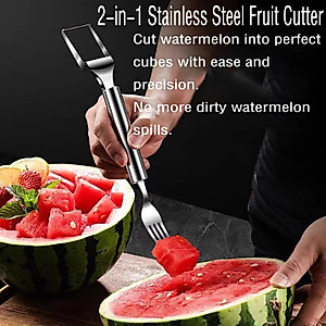 2024 New Watermelon Fork Slicer Cutter Slicer Tool, 2-in-1 Stainless Steel Fruit Cutter, Dual Head Fruit Forks Slicer Knife with Round Handle (2Pcs)