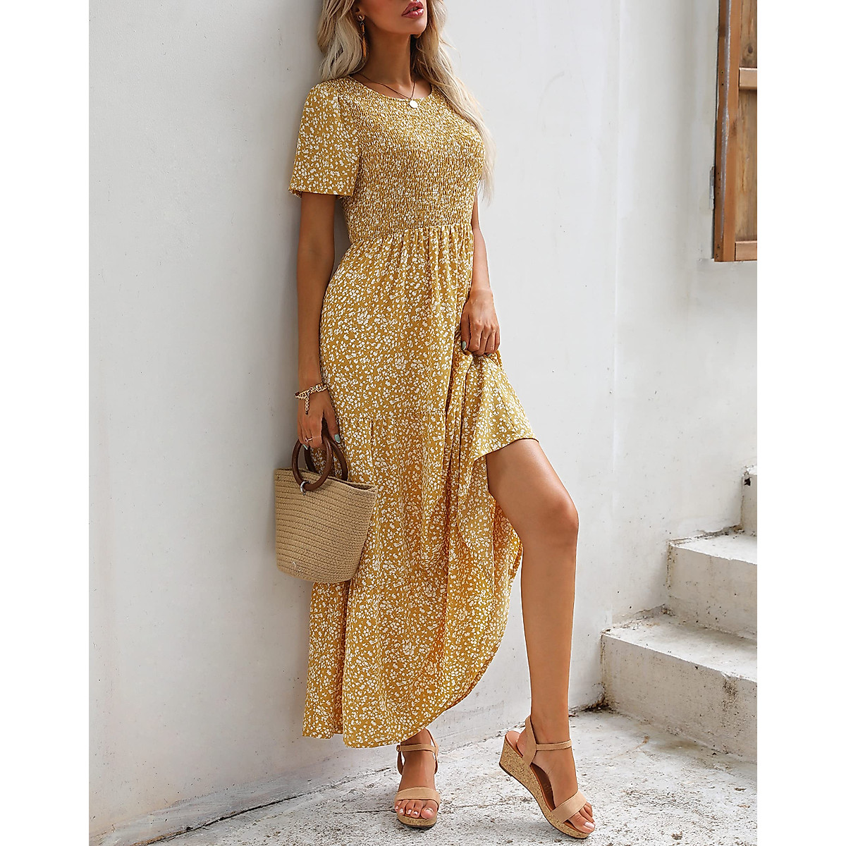 Maggeer Womens 2025 Summer Spring Wedding Guest Long Dresses Boho Maternity Baby Shower Mothers Day Smocked Floral Maxi Dress with Sleeves Mustard XS