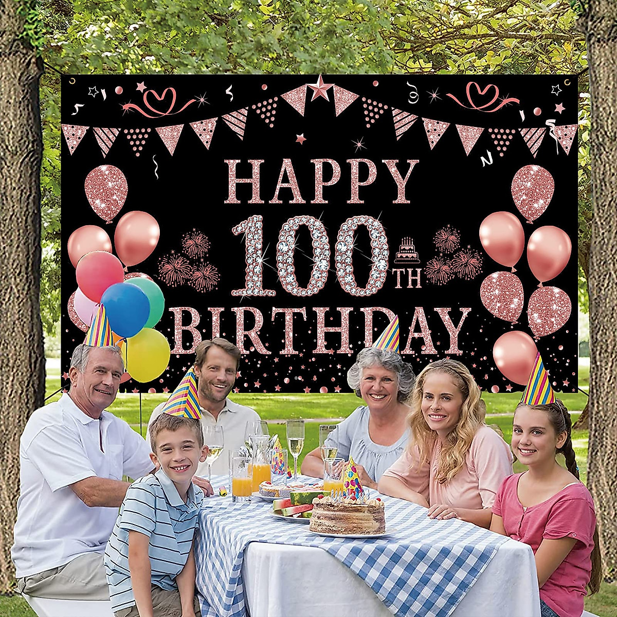 Trgowaul 100th Birthday Decorations for Women - Rose Gold 100th Birthday Backdrop Banner, Happy 100th Birthday Party Supplies, Pink 100 Years Old Birthday Sign Poster Photography Background Decor