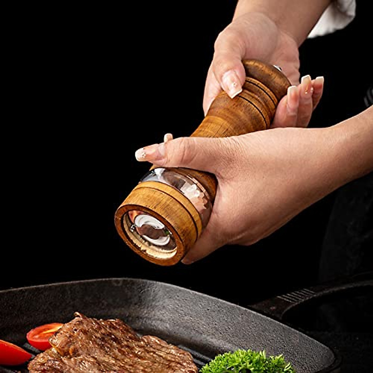 Funly mee 2 Pack Farmhouse Manual Wood Salt and Pepper Grinder Mills Sets, Refillable Mill Sets with Clear Acrylic Window - 6.5 In (6.5 inch Brown)