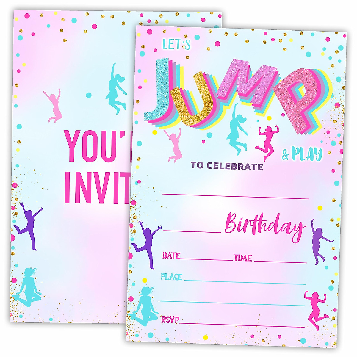 Let's Jump & Play Birthday Invitations, Trampoline Double-Sided Fill-In Invite Cards For Birthday Party，Boys, Girls, Kids, Teen, 20 Invitations With Envelopes, Decorations,Party Favor And Supply-B01