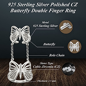 Auriga Fine Jewelry 925 Sterling Silver Polished Cubic Zirconia Butterfly Double Finger Ring Size 7