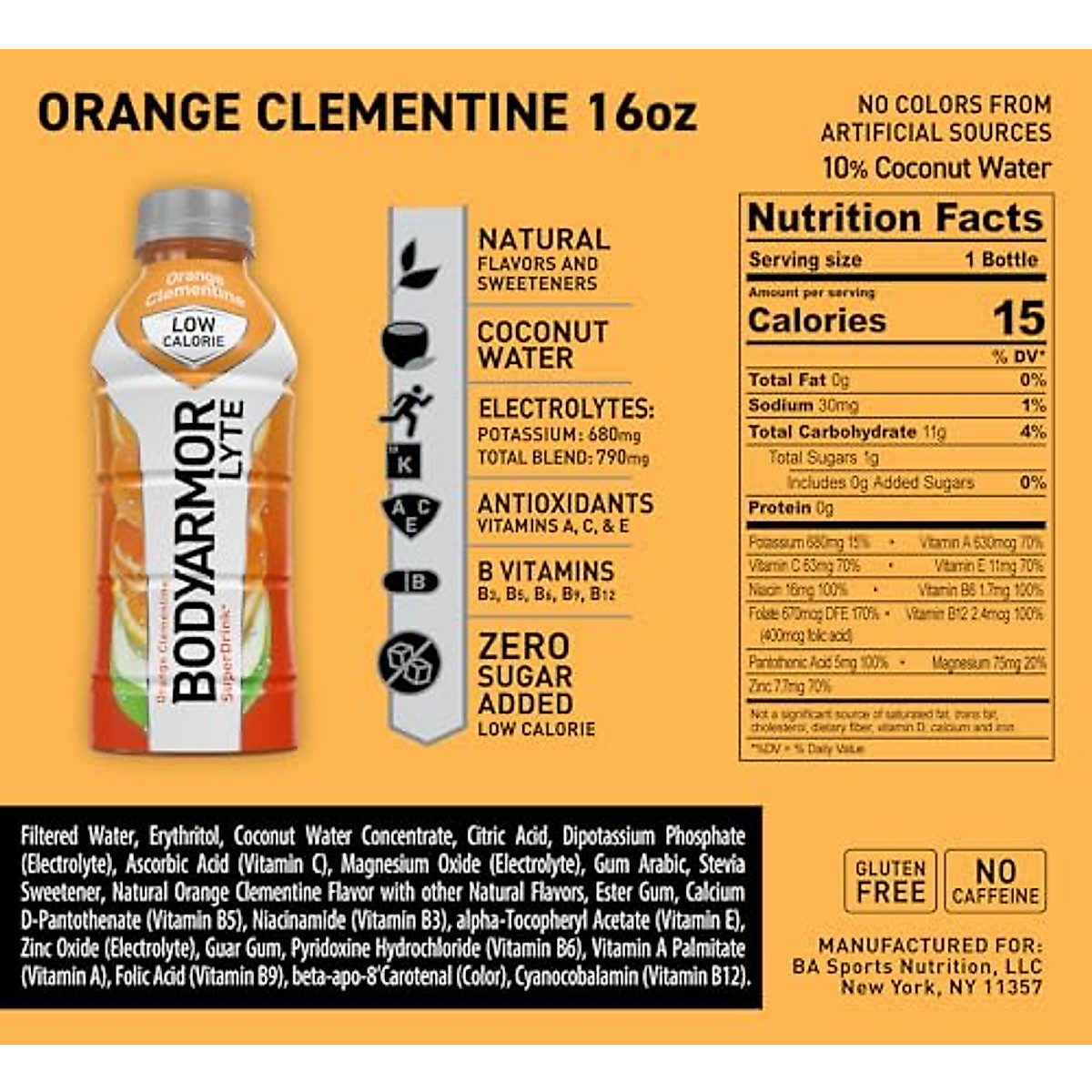 BODYARMOR LYTE Sports Drink Low-Calorie Sports Beverage, Orange Clementine - Orange Citrus, Flavors With Vitamins, Potassium-Packed Electrolytes, Perfect For Athletes, 16 Fl Oz (Pack of 12)