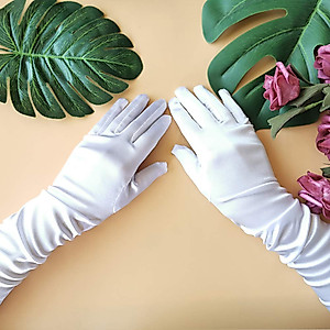 2 Pair Little Girls Long Princess Costume Glove, Creatiee White Dress Up Beading Bows Glove for Kids Party, Wedding, Birthday, Holiday, Formal Pageant (White)