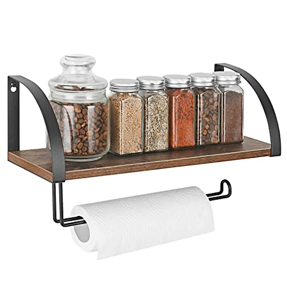 Paper Towel Holder with Shelf Storage, Wall Mount 2-in-1 Kitchen Paper Roll Towel Holder Rustic Farmhouse Under Cabinet Spice Rack for Kitchen Pantry Bathroom Organizer Storage
