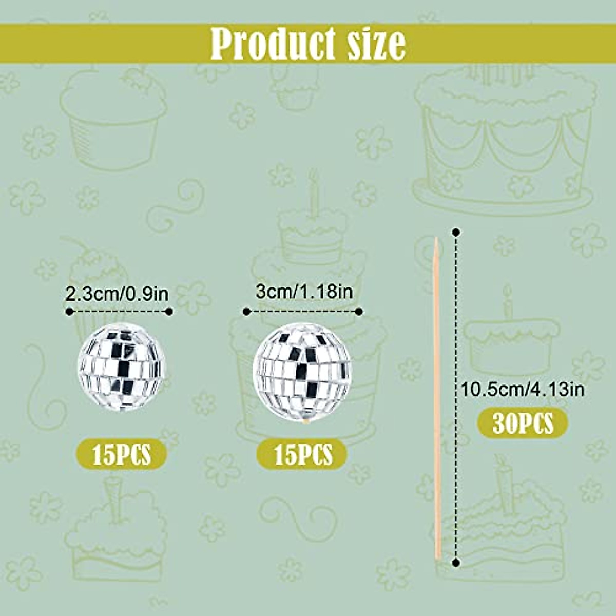 30pcs Disco Ball Cupcake Toppers, Disco Ball with Bamboo Sticks Disco Theme Cake Toppers for Cake Decorations Cupcake Decor Dessert Accessories Disco Party (Silver)