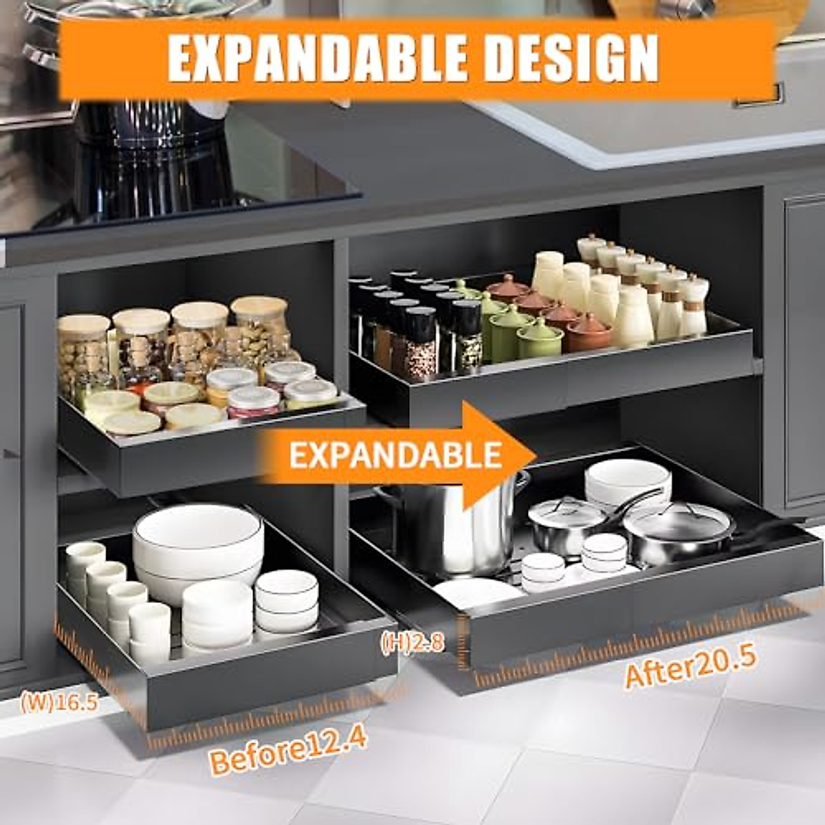2 Pcs Pull Out Cabinet Organizer, Expandable(12.4"-20.5") Pull Out Drawers for Cabinets Slide Out Drawers for Kitchen Cabinets with Adhesive Nano Film Mounting Adjustable for Kitchen, Pantry (Black)