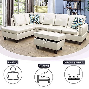 HOMVET Peaerl Faux Leather Sectional Sofa Furniture Set,L-Shape Couch with Left Chaise,Storage Ottoman,and 2 Pillows,for Living Room/Apartment/Office, Pearl White