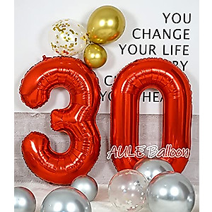 AULE 40 Inch Big Red Foil 30 Number Balloons for Women Large 30th Happy Birthday Decorations Giant Huge Helium Mylar 30rh Anniversary Party Decor