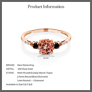 Gem Stone King 10K Rose Gold Ecstasy Mystic Topaz Black Diamond and White Diamond Accent 3-Stone Engagement Ring For Women (1.17 Cttw, Round 6MM, Gemstone November Birthstone, Size 9)