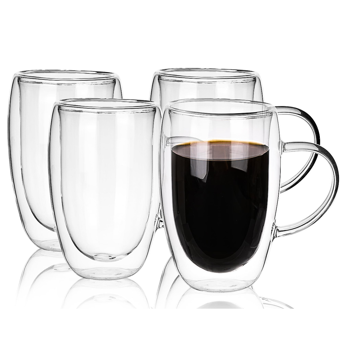 Moretoes 16oz Clear Coffee Mug, Double Walled Glass Coffee Mugs with Handles, Insulated Espresso Cups, Set of 4
