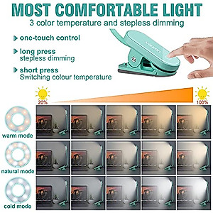 Visson Stepless Dimming Book Light,12 LED Reading Lights for Books in Bed,3 Color Temperature,Rechargeable Clip-on Light with Magnetic Function.Perfect for Bookworms,Kids