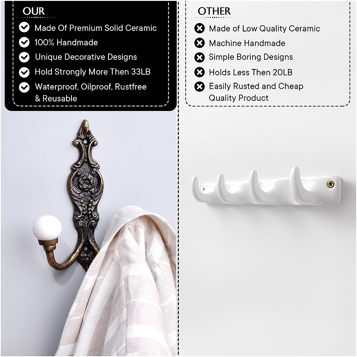 Indian Shelf Double Peg Hook- White Coat Hooks- Wall Mount Ceramic Wall Hooks- Hooks for Hanging Coats- Decorative Wall Hooks- Heavy Duty Wall Hook- Unique Hook- Decorative Hooks for Hanging Clothes