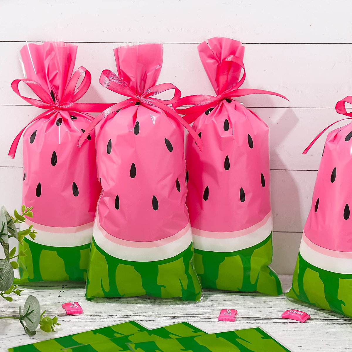Whaline 100Pcs Watermelon Treat Bags Pink Green Candy Cellophane Bag 10.8 x 5 Inch Watermelon Plastic Goody Bags with Red Ribbon for Birthday Watermelon Party Favor Supplies Gift Summer Decoration