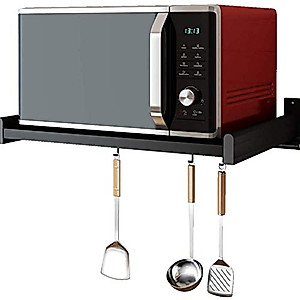 ZSQAI Microwave Oven Rack Kitchen Countertop Storage Organizer, Storage Shelf over Microwave with 3 Hooks, Save Space Durable Black Space Aluminum