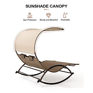 Crestlive Products Outdoor Double Chaise Lounge Chair with Canopy & Wheels, 2 Person Patio Rocking Lounge Chair with Sun Shade & Headrests for Garden, Backyard, Poolside (Brown)