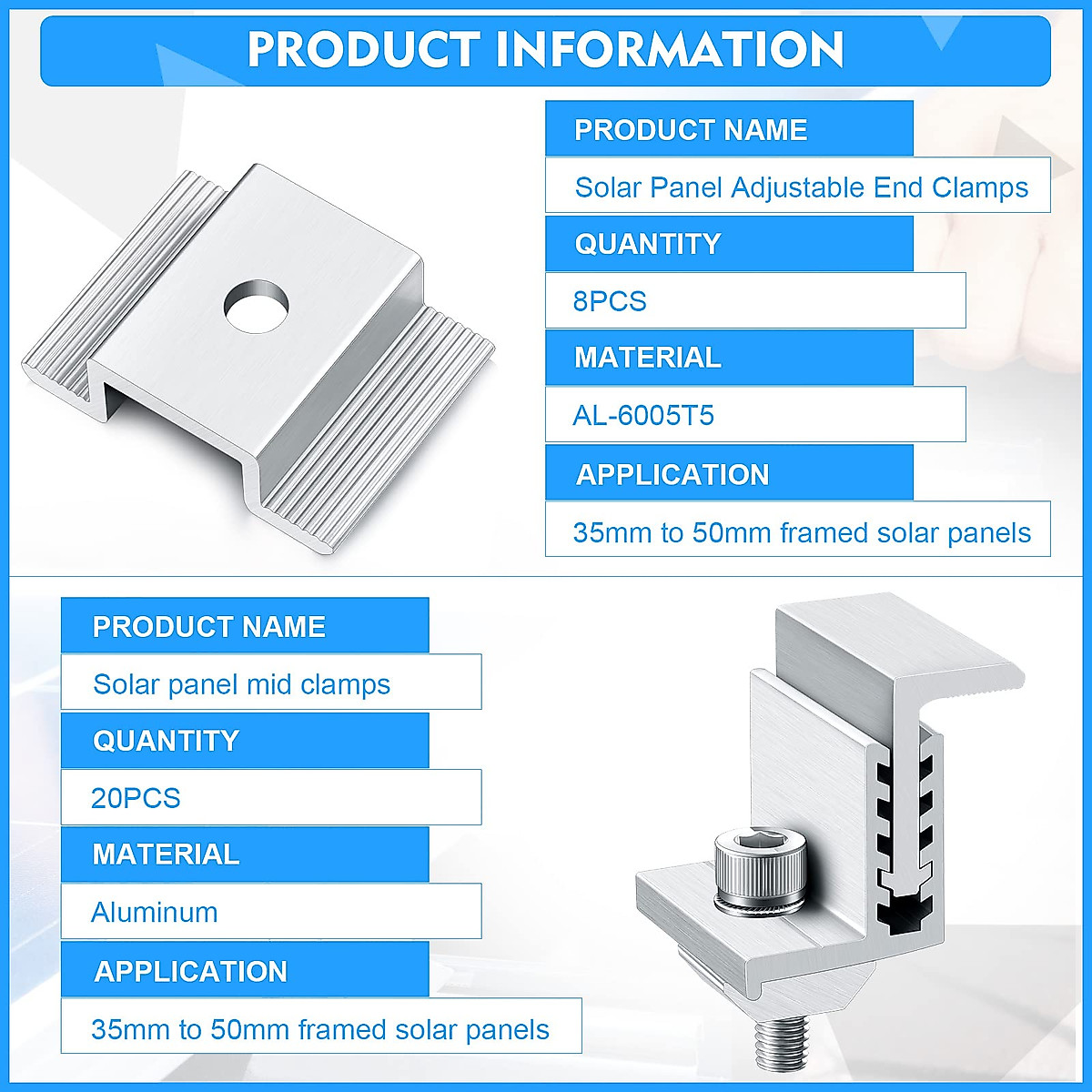 Zhengmy Solar Panel Mid Clamps 1.06 Inch Solar Panel Bracket Aluminum Solar Mid Clam with Solar Mounting Brackets 32-50 mm Panel Clamps Adjustable End Clamps Panel Clamps (28 Pieces)