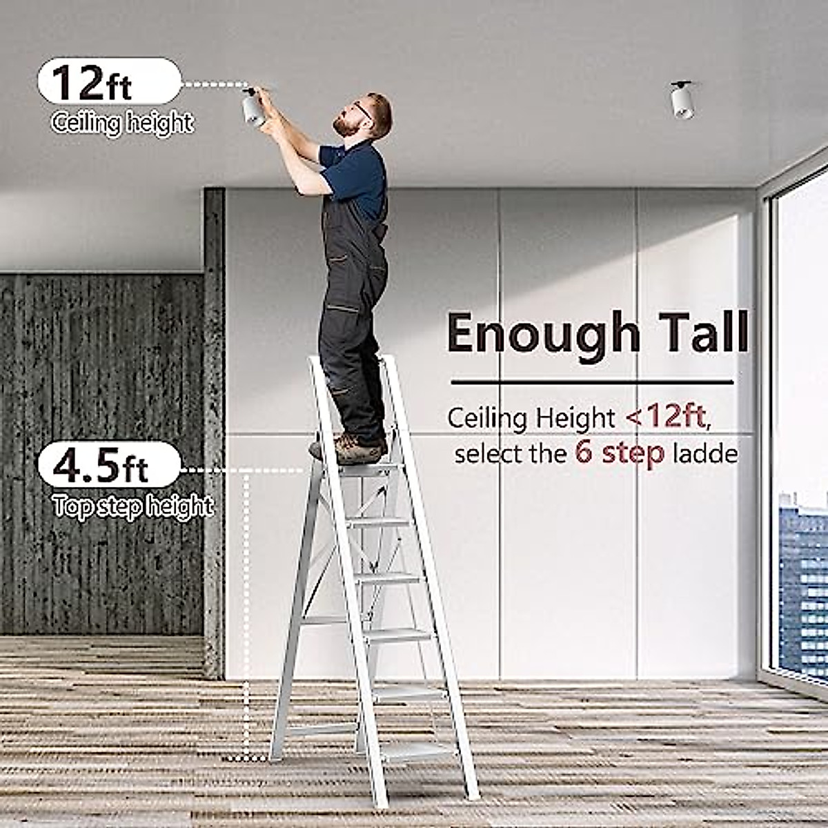 6 Step Ladder for 12 Feet High Ceiling, Lightweight Aluminum Folding Step Stool with Convenient Handgrip, Stepladders with Anti-Slip and Wide Pedal for Home and Kitchen Use Space Saving - Silver