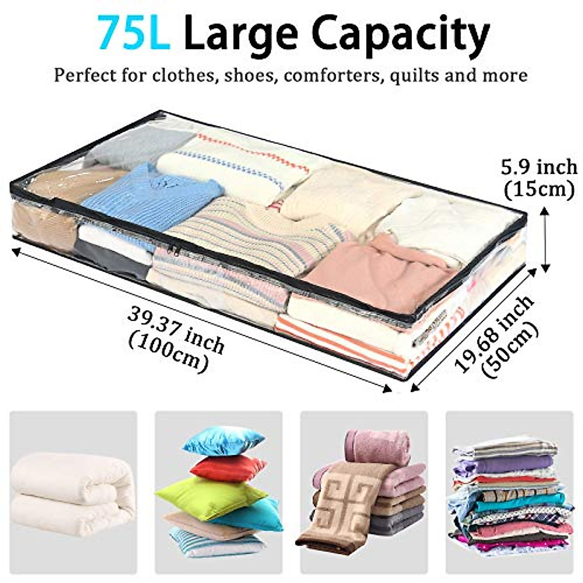 Vieshful 3 Pack 75L Grey Underbed Storage Bags and 3 Pack 75L Clear Underbed Containers，Large Capacity Clothing Organizers for Bedding Blanket Comforter Quilt