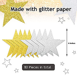80 Pieces Glitter Star Cutouts Paper Star Confetti Cutouts for Bulletin Board Classroom Wall Party Decoration Supply (Gold, Silver,6 Inches Length)