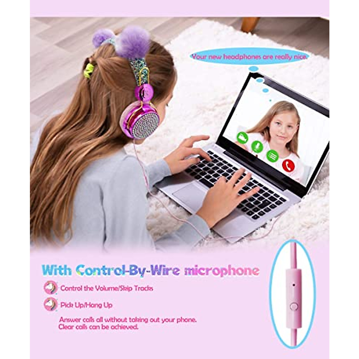 SVYHUOK Girls Pink Unicorn Wired Headphones,Cute Cat Ear Kids Game Headset for Boys Teens Tablet Laptop PC,Over Ear Children Headset withMic,for School Birthday Xmas Gifts