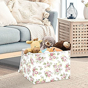 senya Flower Storage Baskets Collapsible Storage Bins with Lids, Pink Rose Flower Floral Storage Boxes Clothes Baskets for Organizing