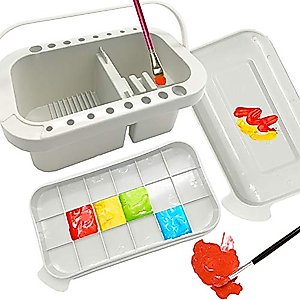 Multifunction Paint Brush Basin,Paint Brush Tub with Brush Holder and Palettes,Artist Brush Cleaning Washer with Handle for Indoor Outdoor Painting,Plastic