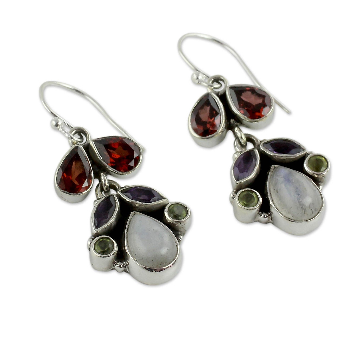 NOVICA Artisan Handmade Amethyst Moonstone Chandelier Earrings .925 Sterling Silver Multigem from India Garnet Peridot Clear Green Multicolor Purple Red Dangle Birthstone 'Rainbow'