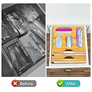 Bamboo Ziplock Bag Organizer, TWSOUL 6-IN-1 Foil and Plastic Wrap Dispenser with Organizer, Wall-mounted Wrap Organizer with Cutter for Storing Gallon, Quart, Snack Bags and Cutting Plastic Wrap, Foil