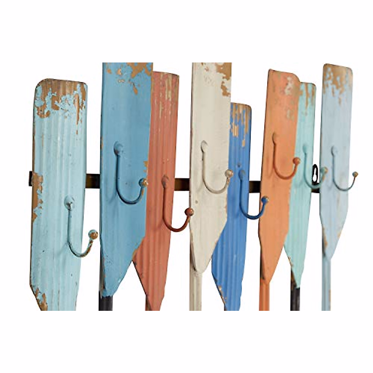 Deco 79 Metal Paddle Indoor Outdoor Distressed Oar Shaped 8 Hooks Wall Hook, 26" x 1" x 20", Multi Colored