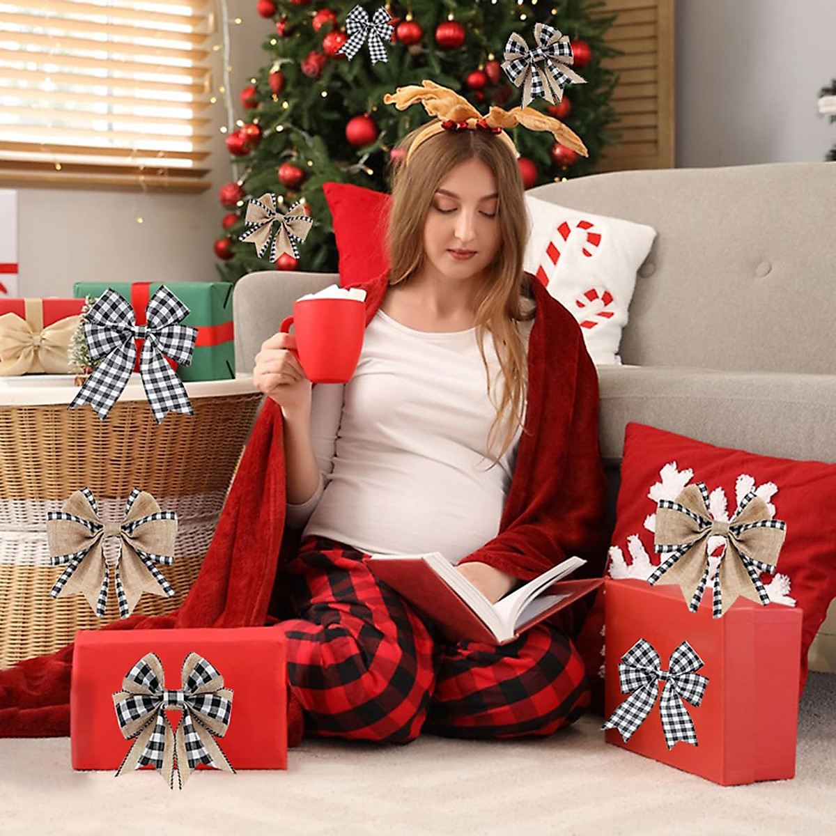 3 Rolls Buffalo Plaid Ribbons in All 18 Yards 2.5 inch Width Burlap Ribbon Christmas Checked Burlap Ribbon ，Black and White Checkered Ribbon ，for Crafts DIY Garland，Bows Crafts Decoration