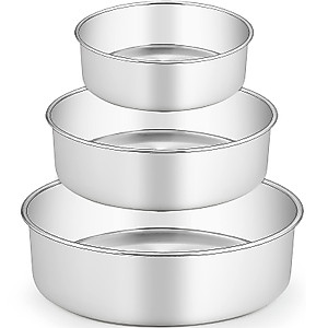 TeamFar 6/8 / 9 Inch Cake Pan, Stainless Steel Round Baking Pan for Cake Brownie Lasagna, Non-Toxic & Heavy Duty, 3” Deep Wall & One Piece, Smooth & Dishwasher Safe-Set of 3