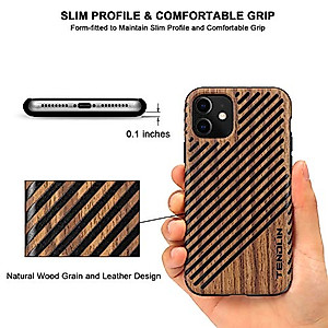 TENDLIN Compatible with iPhone 11 Case Wood Grain Outside Design TPU Hybrid Case (Wood & Leather)