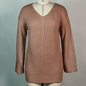 Mayntop Womens Sweater Jumper Mini Dress Solid Color Plus Size V-Neck Long Sleeve Plain Knitted Tops Loose Knitting Knitwear Tunic(A Khaki,XL)