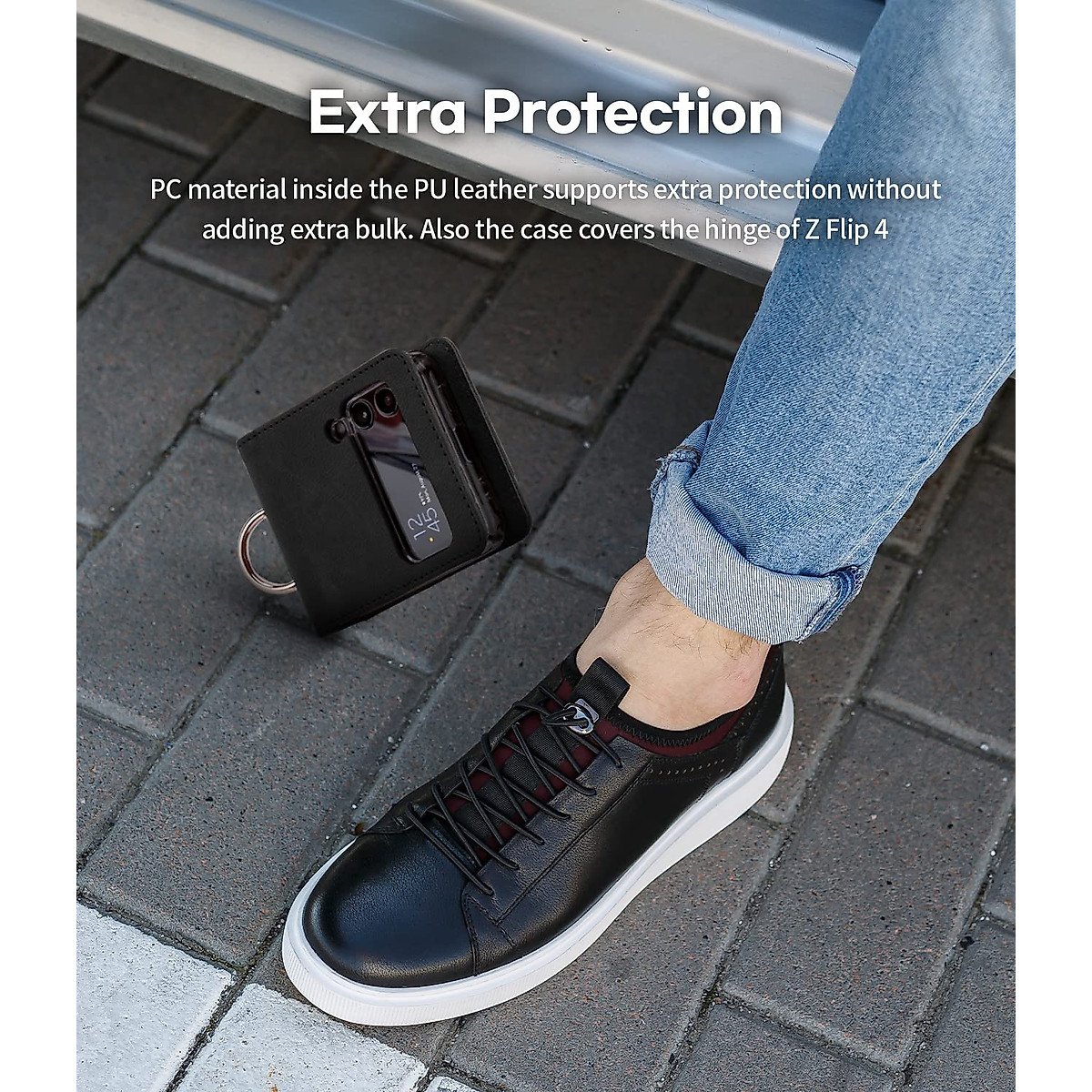 GOOSPERY Card Wallet Ring Case Compatible with Galaxy Z Flip 4 Case, Card Holder Pocket Storage Premium PU Leather Key Ring Wallet Cover, Black