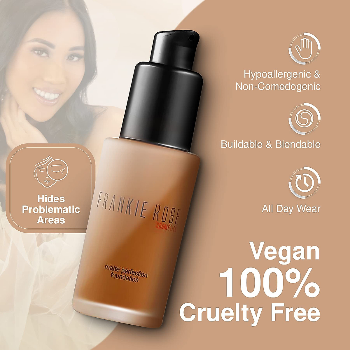 Frankie Rose Cosmetics Matte Perfection Foundation Makeup – Long-Lasting, Hydrating Foundation for Semi-Matte Finish - Foundation Full Coverage for All Skin Types - (Olive) 1.0 US fl oz / 30 ml