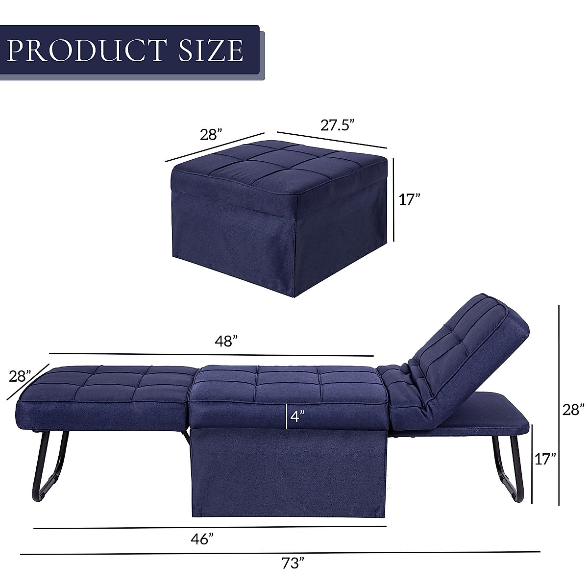 Seogwisam Convertible Sofa Bed,4 in 1 Multi Function Ottoman Bed,Assembly-Free Chair Bed Sleeper with Adjustable Backrest and Pillow-Navy Blue 28" W