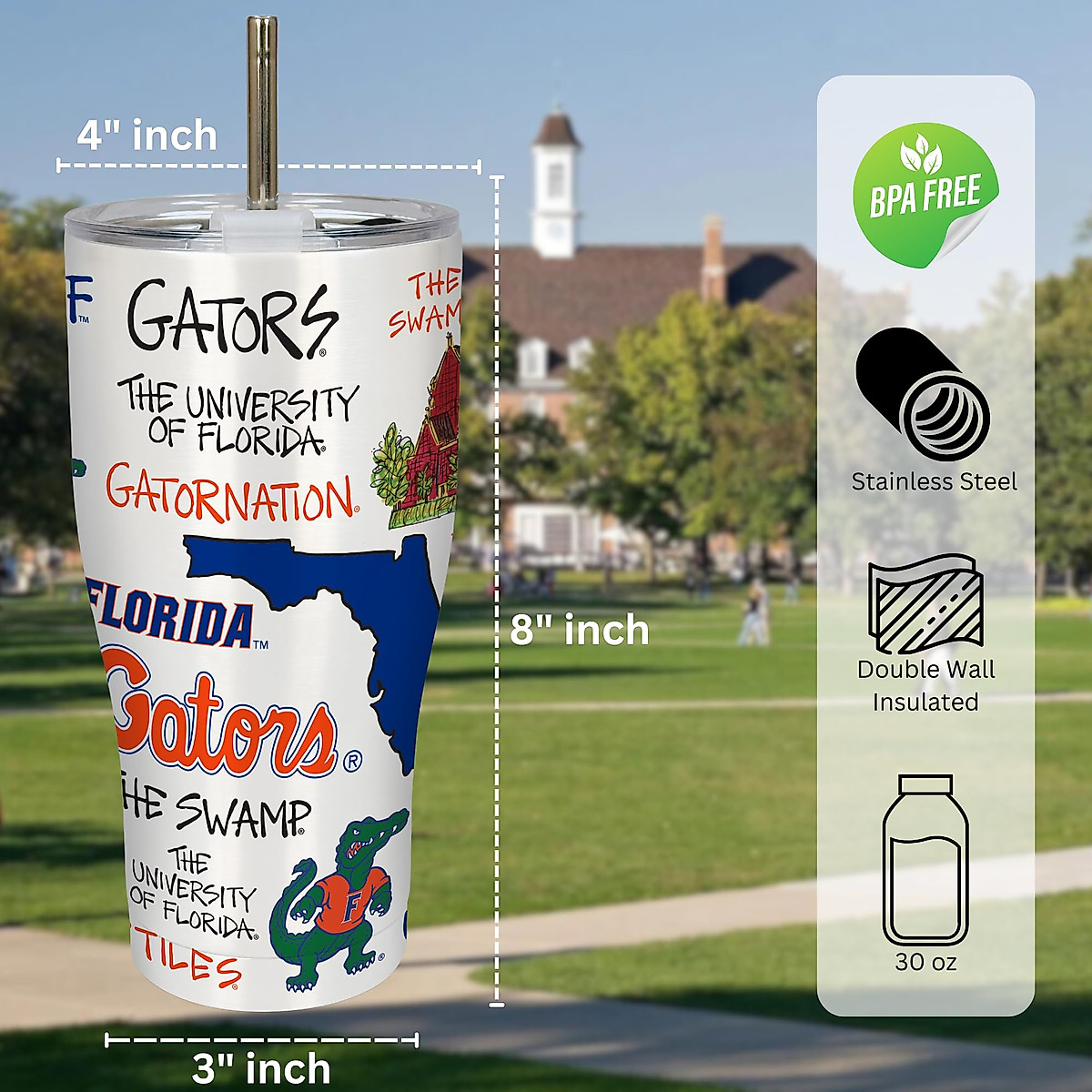 University of Florida 30oz Stainless Steel 3D Icon Travel Mug – High Performance Double-Walled Thermos w/Convertible Lid & Straw – Insulated Decorative NCAA Beverage Tumbler – For Hot or Cold Drinks