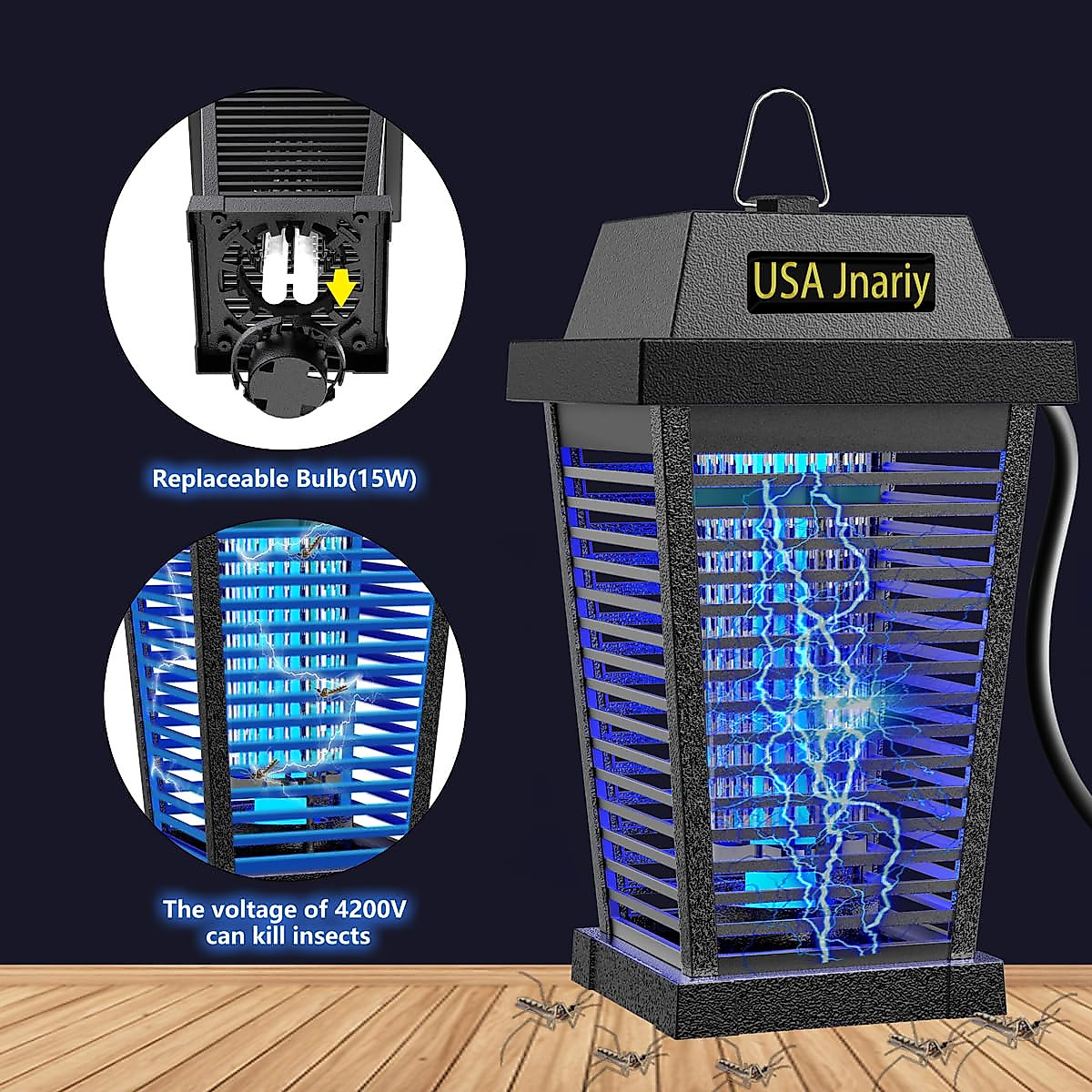 USA Jnariy Bug Zapper Outdoor, Fly Zappers Indoor Electric, Mosquito Zapper, Fly Insect Killer, Mosquito Killer, Mosquito Killer, 3 Prong Plug with 5ft Power Cord Trap Lantern
