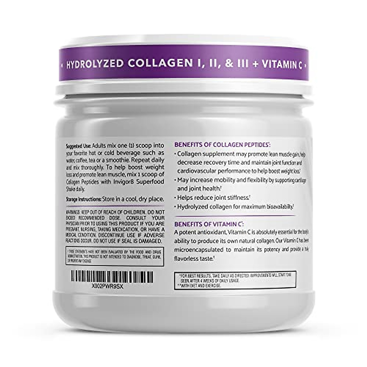 INVIGOR8 Collagen Peptides Weight Loss Formula Hydrolyzed Collagen Types I, II, & III + Vitamin C Unflavored Non-GMO Grass-Fed Supplement Blend