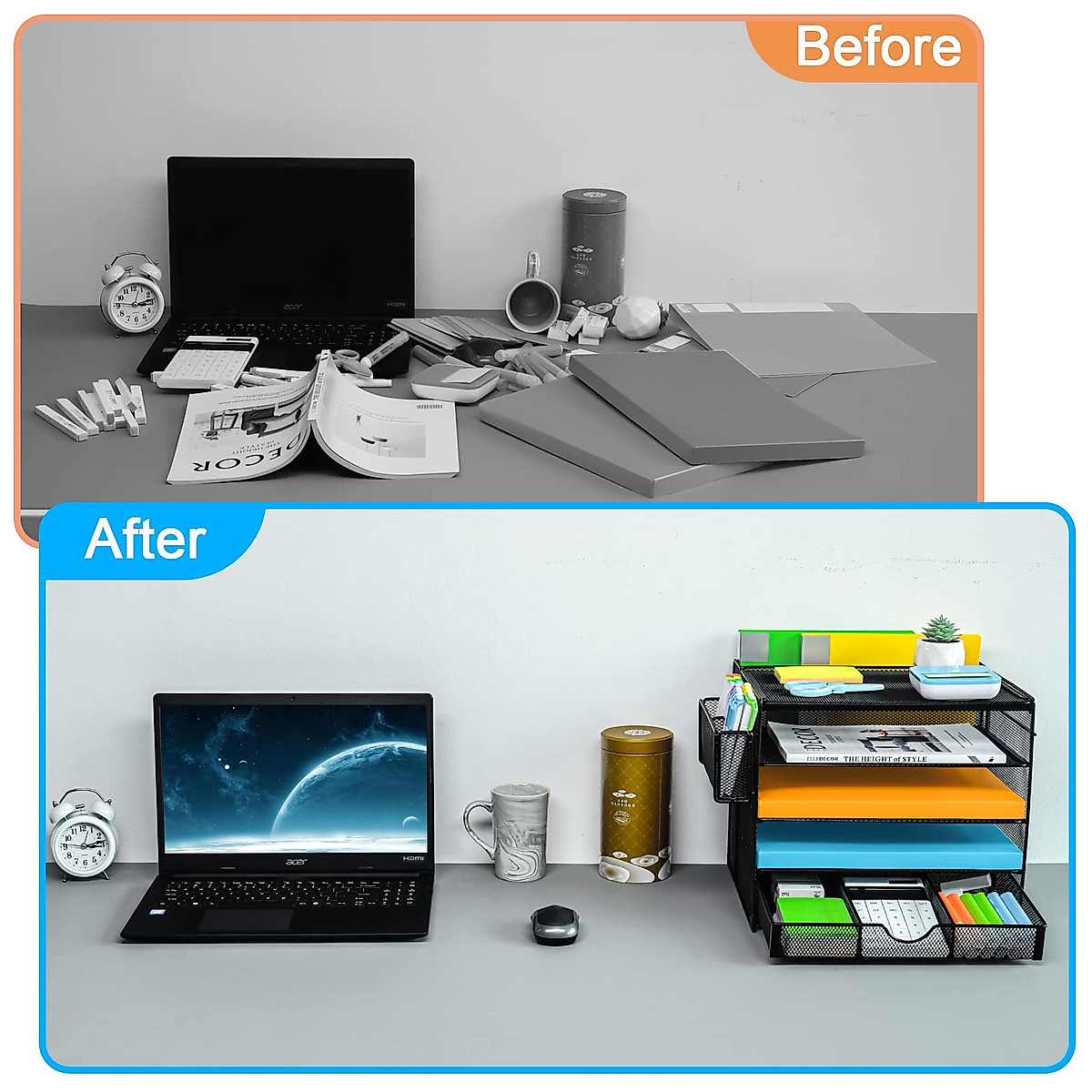 Lemonsea Desk Organizers, 5-Tier Paper Organizer Letter Tray with File Holder, Mesh Desktop File Organizer with Pen Holder and Drawer, School Office Supplies Organization, Black