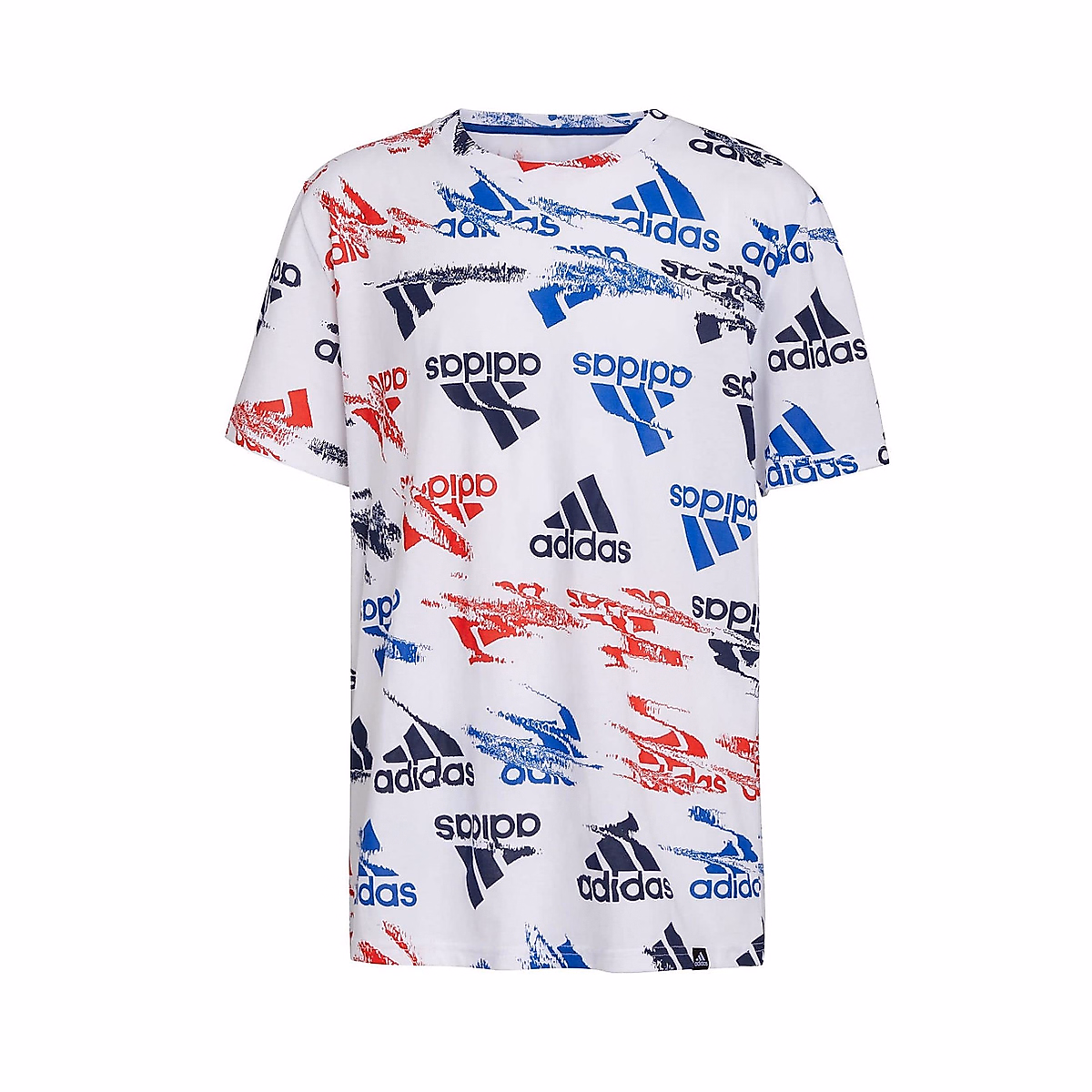 adidas Boys’ Glitchy Allover Print T-Shirt (Medium, White/Multi)