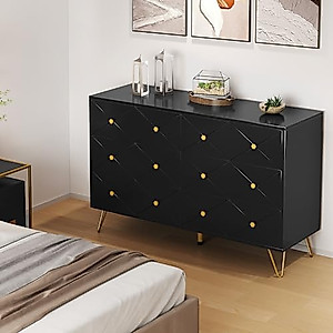 DWVO Large 6 Drawer Dresser for Bedroom, Black Wood Dresser Chest of Drawers with Fluted Panels, Modern 47" W TV Stand Double Dressers Storage Cabinet for Living Room, Hallway, Entryway