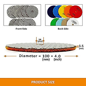 BGTEC 4 Inch Dry Diamond Polishing Pads Set,8 Pieces Pads Kit Grit 100 for Granite Marble Stone Quartz Tiles Concrete Floor Edges Countertop Polishing