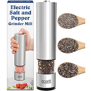 Electric Salt and Pepper Grinder Mill - Battery Operated Ceramic Burr Pepper Grinder Refillable - Automatic Stainless Steel Salt and Pepper Grinders - Pepper Mill Grinder With LED Light by Eparé