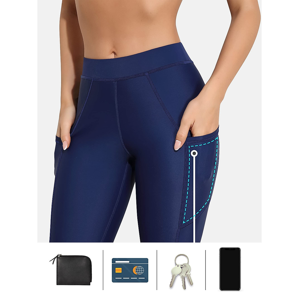 ATTRACO Women Swimming Pants High Waisted Swim Tights Swim Leggings with Pockets Navy L